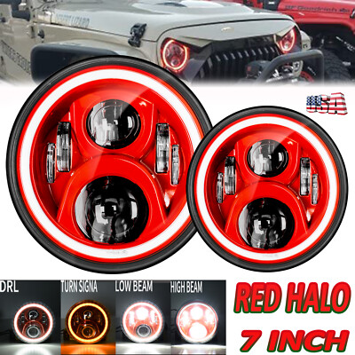 Brightest 7'' Round LED Headlights Halo Angel Eye For Wrangler TJ CJ JK ...