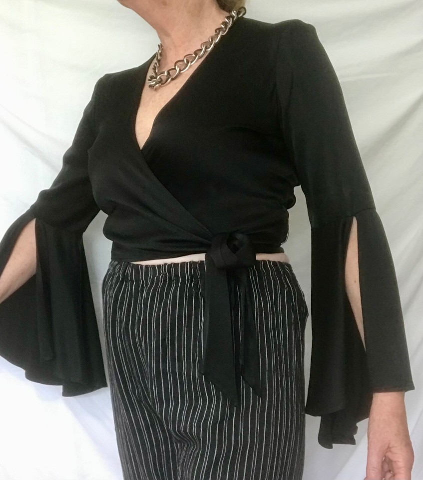 SASS & BIDE size 12 Black WRAP TOP Brazen Embrace SATIN Flounced split ...