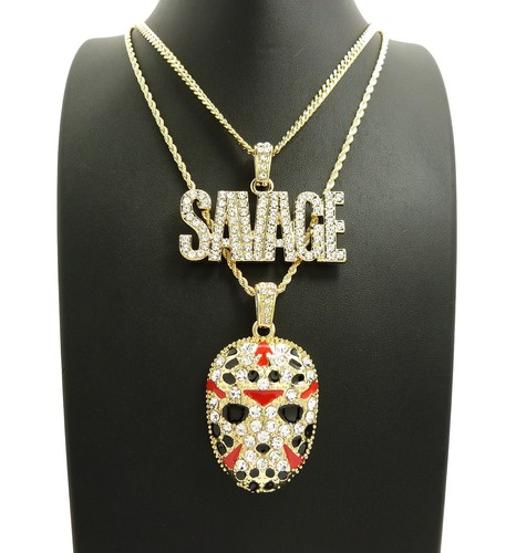 NEW SAVAGE & SLAUGHTER GANG MASK PENDANT & CHAINS HIP HOP NECKLACE SET ...