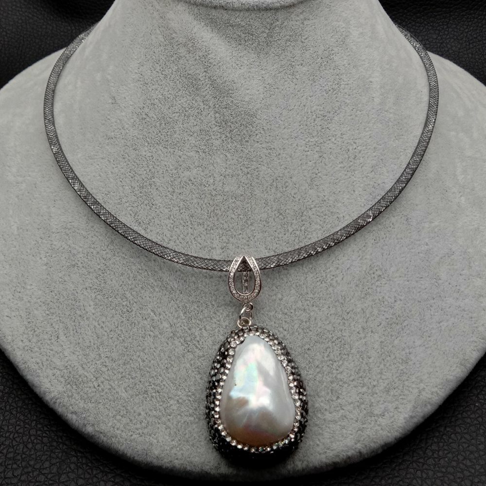 Gunmetal Plated Net Collar Necklace 24x31MM White Keshi Pearl Pendant ...