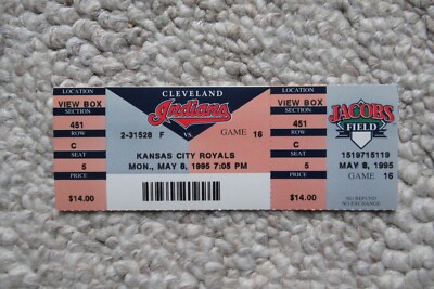 CLEVELAND INDIANS VS ROYALS 5/8/1995 FULL TICKET ~ TOM GOODWIN (2 ...