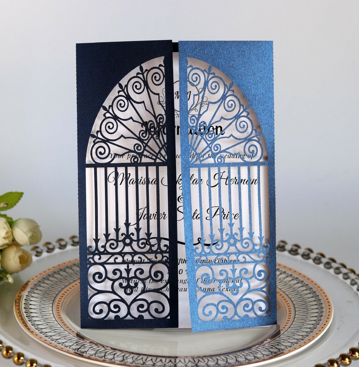 Laser Cut Gate Invitation Luxury Foil Grey Laser Cut Wedding