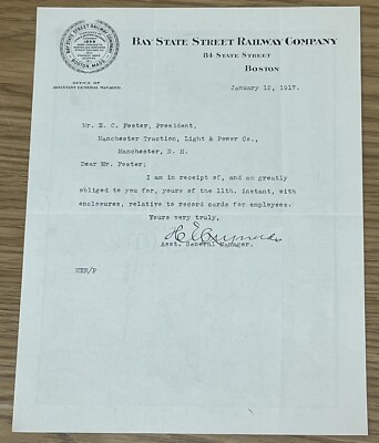 1917 Bay State Street Railway Company Map Letter Letterhead Boston ...