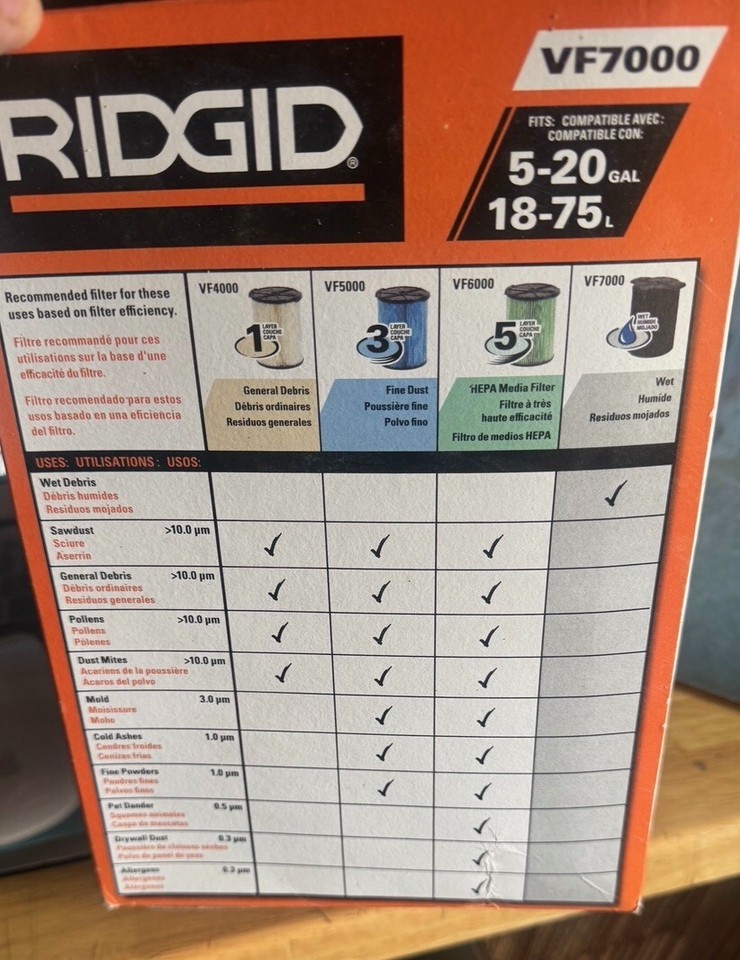 Ridgid VF7000 Wet-Pickup Filter Black for 5-20 Gallon Wet & Dry Vacuum ...