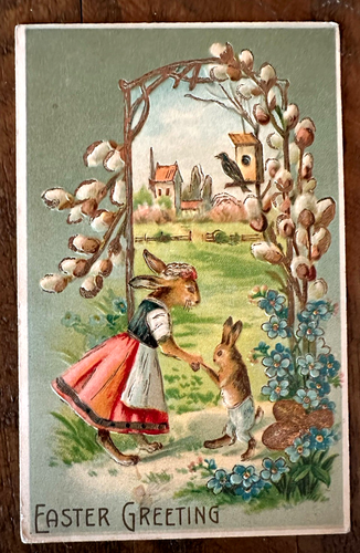 Dressed Rabbits Walking Down Country Road~Antique B.W.Easter Postcard ...