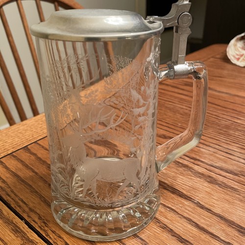 Alwe Etched Moose?Glass Beer Stein Mug Pewter Lid W. Germany Engraved ...