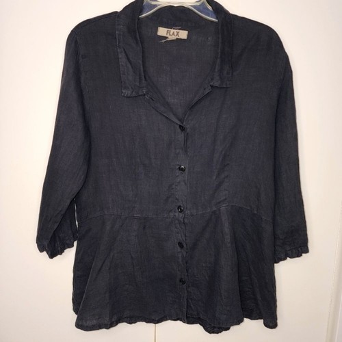 FLAX Women's Black Linen Button-Up Top 3/4 SleeveBoho Goth Preppy Dark ...