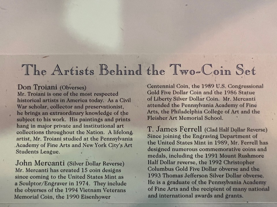 1995 S CIVIL WAR BATTLEFIELD COMMEMORATIVE 2- COIN SET. SILVER $1. AND ...