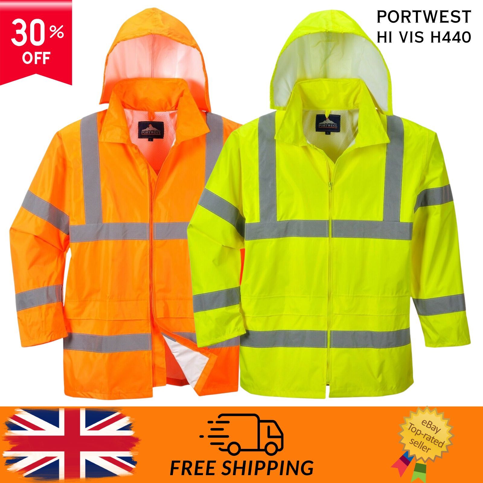 Portwest Hi Vis Rain Jacket Waterproof High Visibility Coat yellow ...