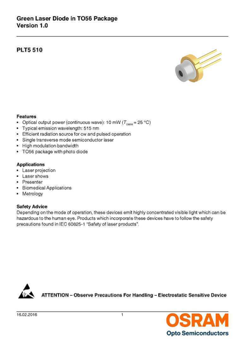 5PCS Osram PLT5 510 5.6mm Green 515nm 520nm 10mw Laser Diode (Stem ...