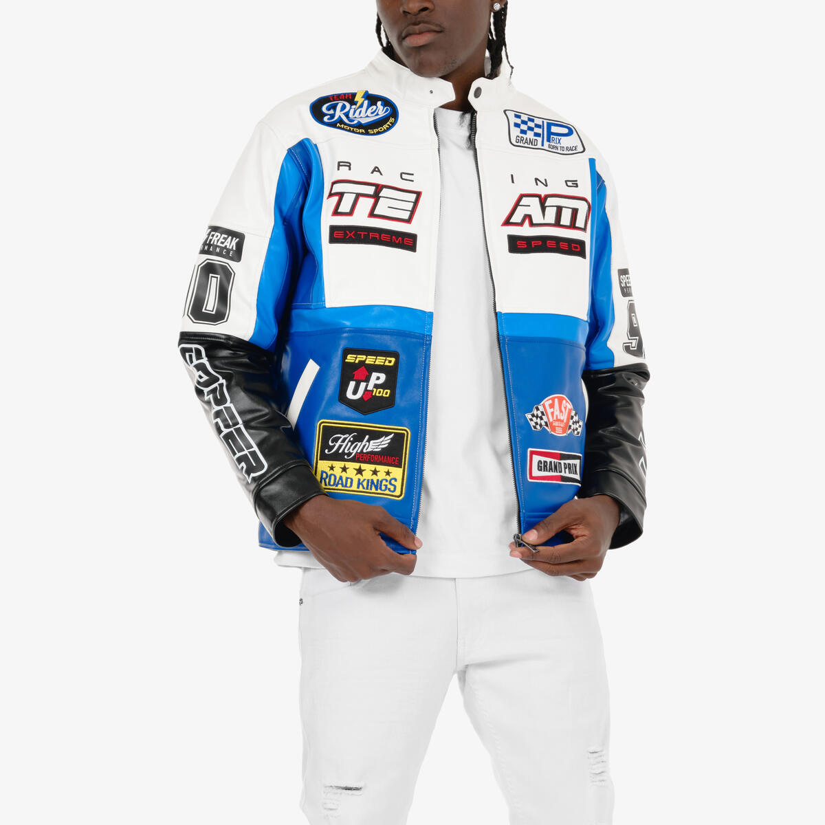 COPPER RIVET WHITE / BLUE MOTO RACING PU LEATHER JACKET | eBay