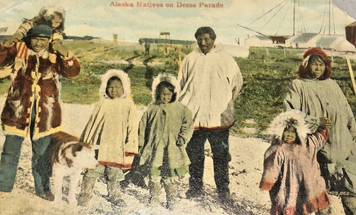Postcard AK 1913 Eskimo Inuit People Alaska Family Fur hood Coats husky ...