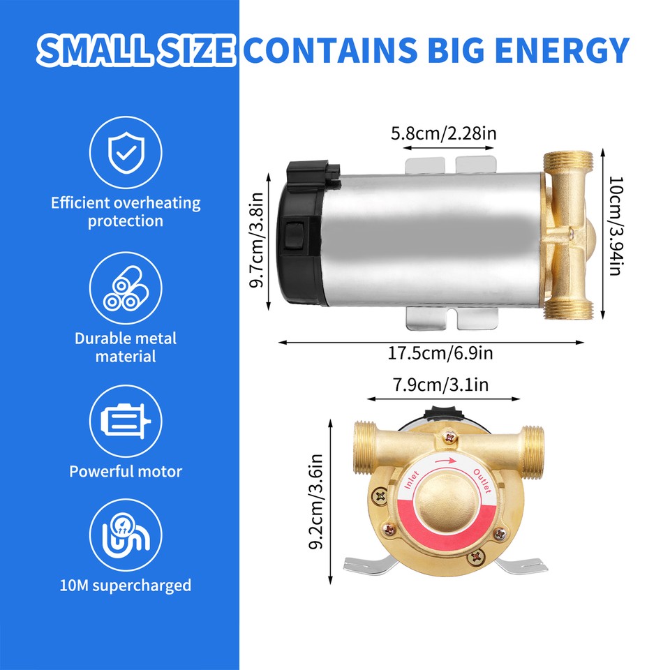 Hot Water Booster Mains Pressure Shower Pump Electric Home Boost 100W ...