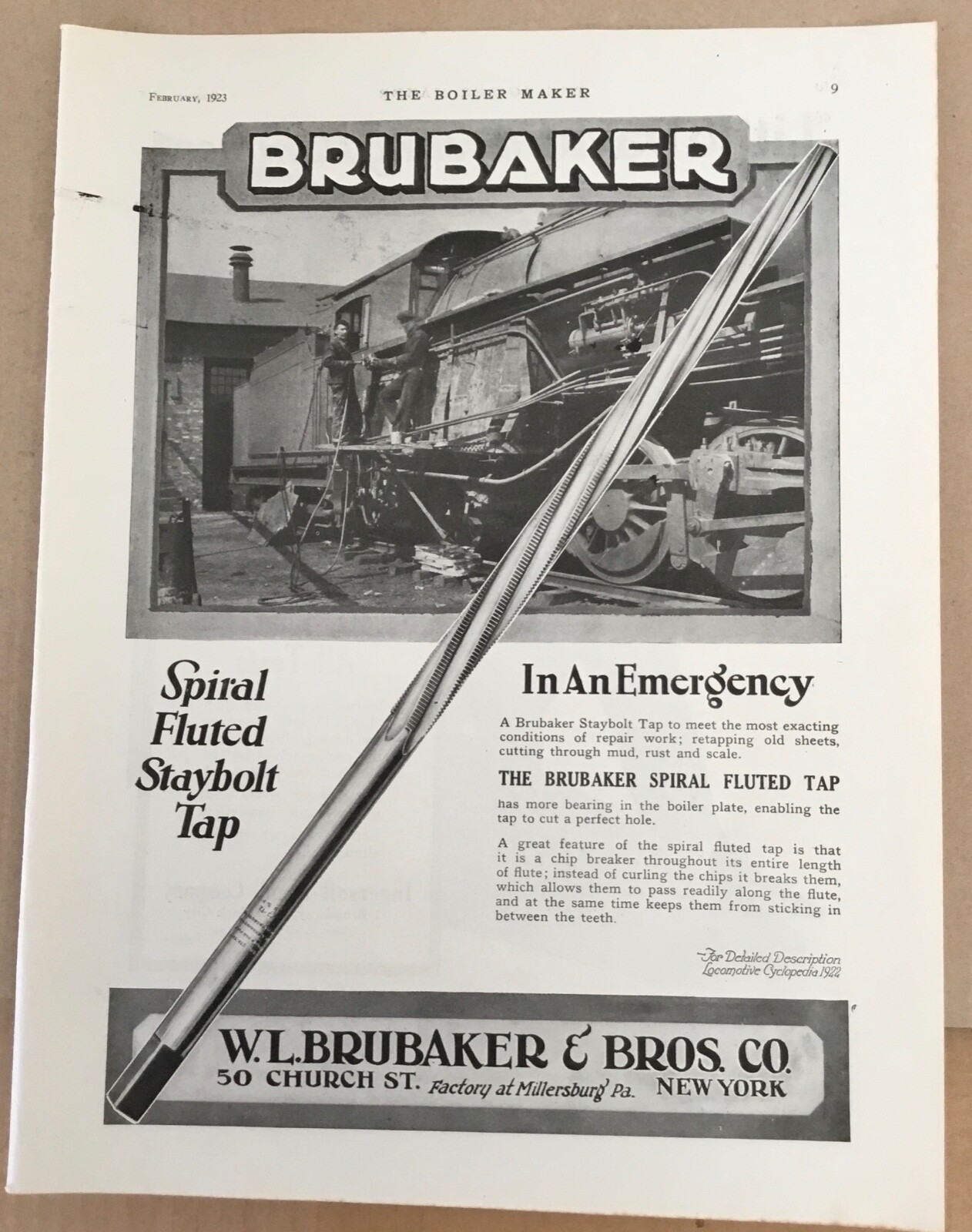 Brubaker staybolt tap 1923 original vintage print ad 1920s illus ...
