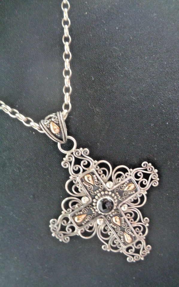 LARGE Vintage Stg. Silver Cross Pendant & Chain - 18ct Gold & Onyx ...