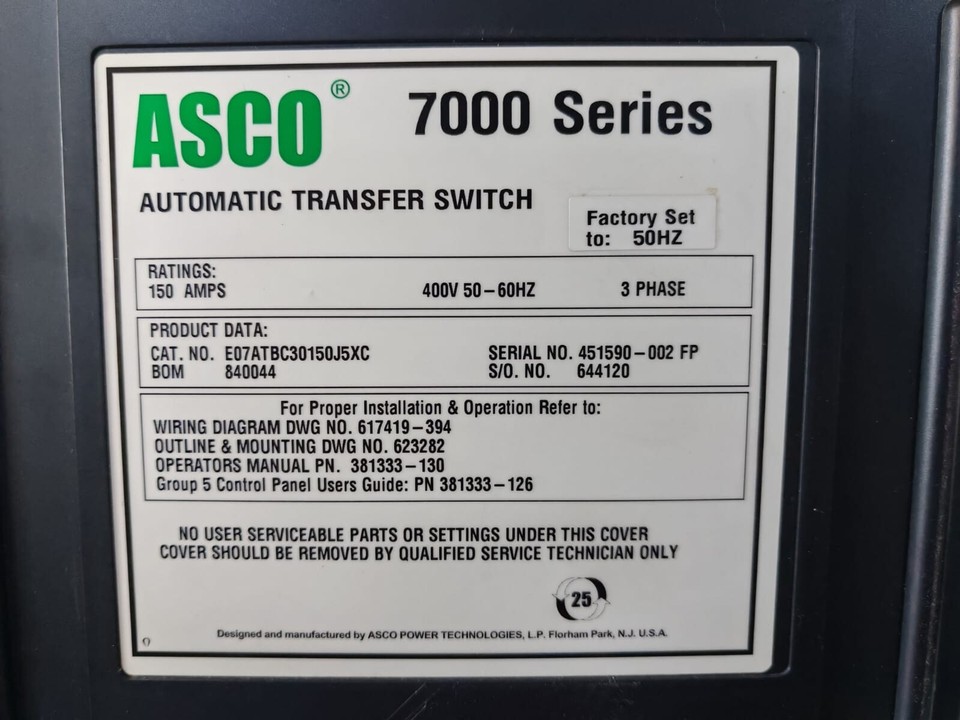 Asco 7000 Series E07ATBC30150J5XC Automatic Transfer Switch, NO ...
