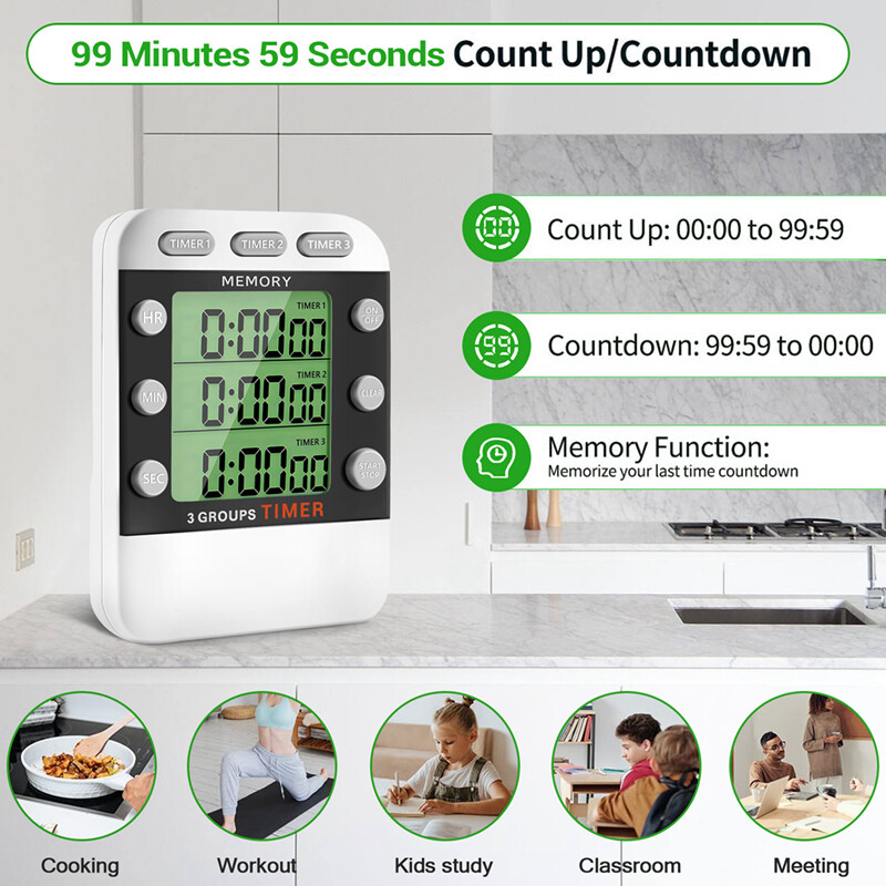 Digital Dual Kitchen Timer, 3 Channels Count /Down Timer, Triple ...