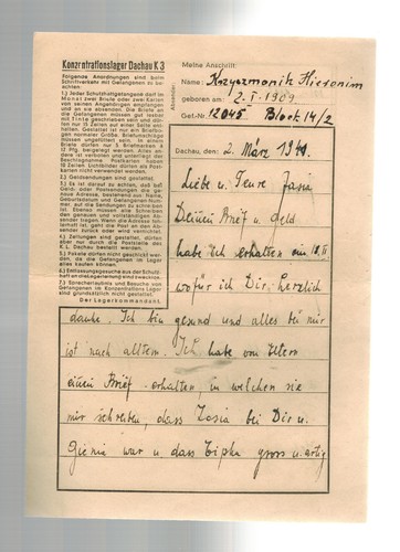 1941 Germany Dachau Concentration Camp Letter KZ Hieronim Kazyzmonik | eBay