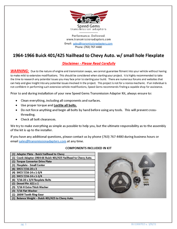 TRANSMISSION ADAPTER KIT: Buick 1964-1966 401 / 425 Nailhead to Chevy ...