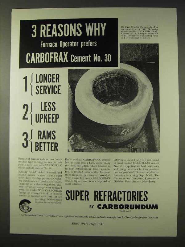 1947 Carborundum Carbofrax Cement No. 30 Ad | eBay