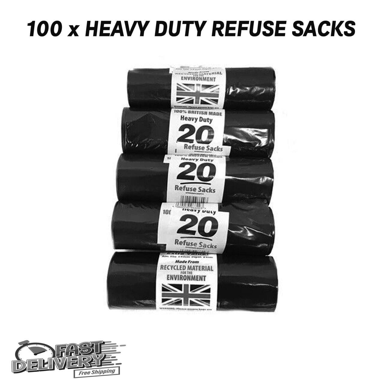 100 HEAVY DUTY BLACK REFUSE SACKS STRONG THICK RUBBISH BAGS BIN LINERS ...