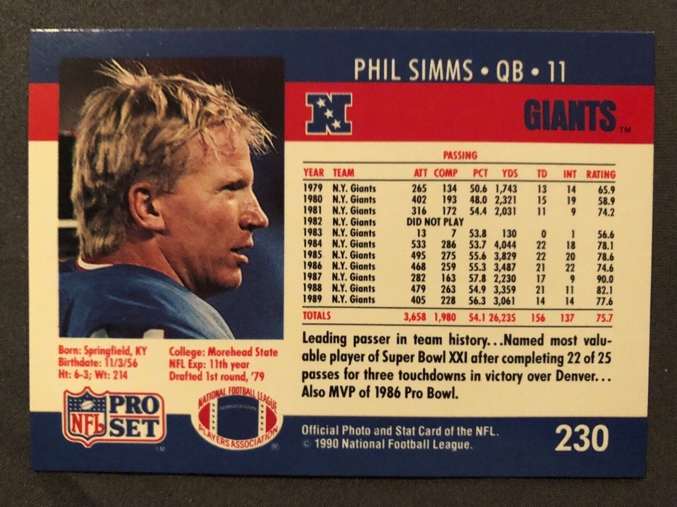 1990 Pro Set Football Card #230 Phil Simms New York Giants | eBay
