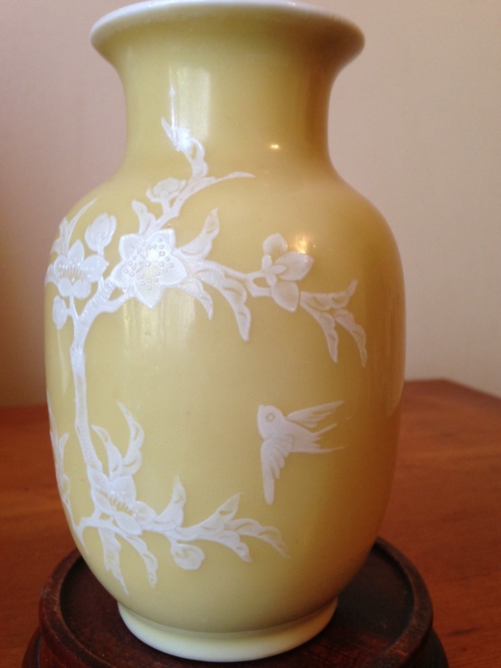 Yellow Chinese Porcelain Vase With Enamel Blossum Tree & Bird, Marked ...