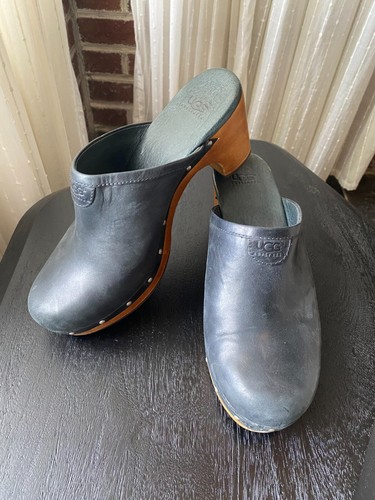 Ugg Brand Black Leather Clogs - 3 inch heel - Gem