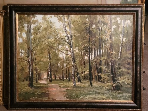 VINTAGE OIL ON CANVAS PAINTING SIGNED 34X44 " FRAMED LANDSCAPE SCENERY ...