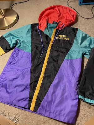 MTV Music Television Hooded Windbreaker Jacket Colorblock Zip M ...