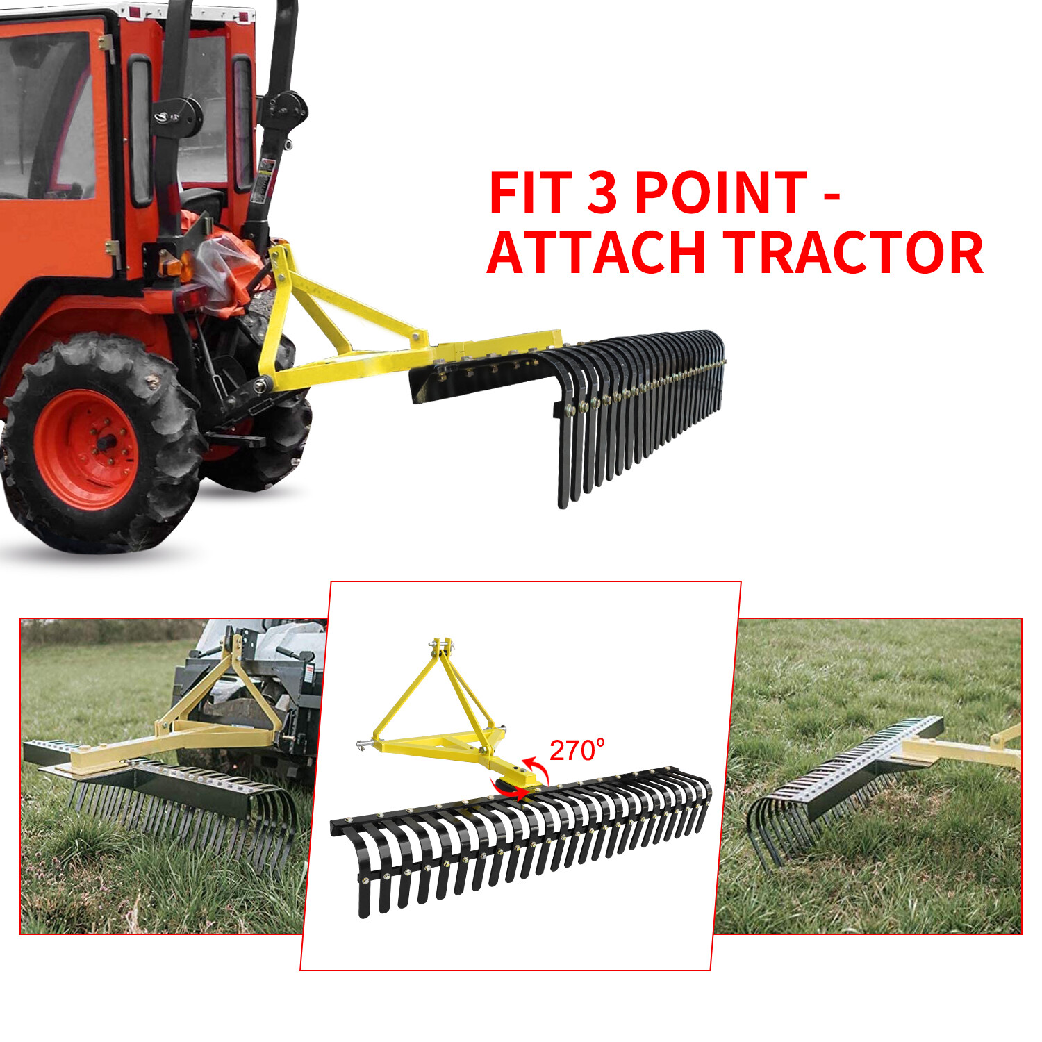 3 Point Landscape Rock Rake Category 1 Tractor Attachment Soil Gravel ...