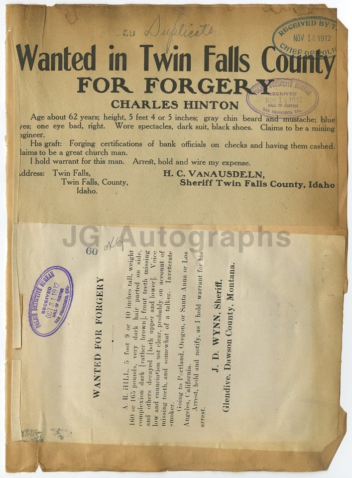 Wanted Sheets - 3 Vintage Wanted Sheets - Forgery - MO, ID, TX - 1912 ...