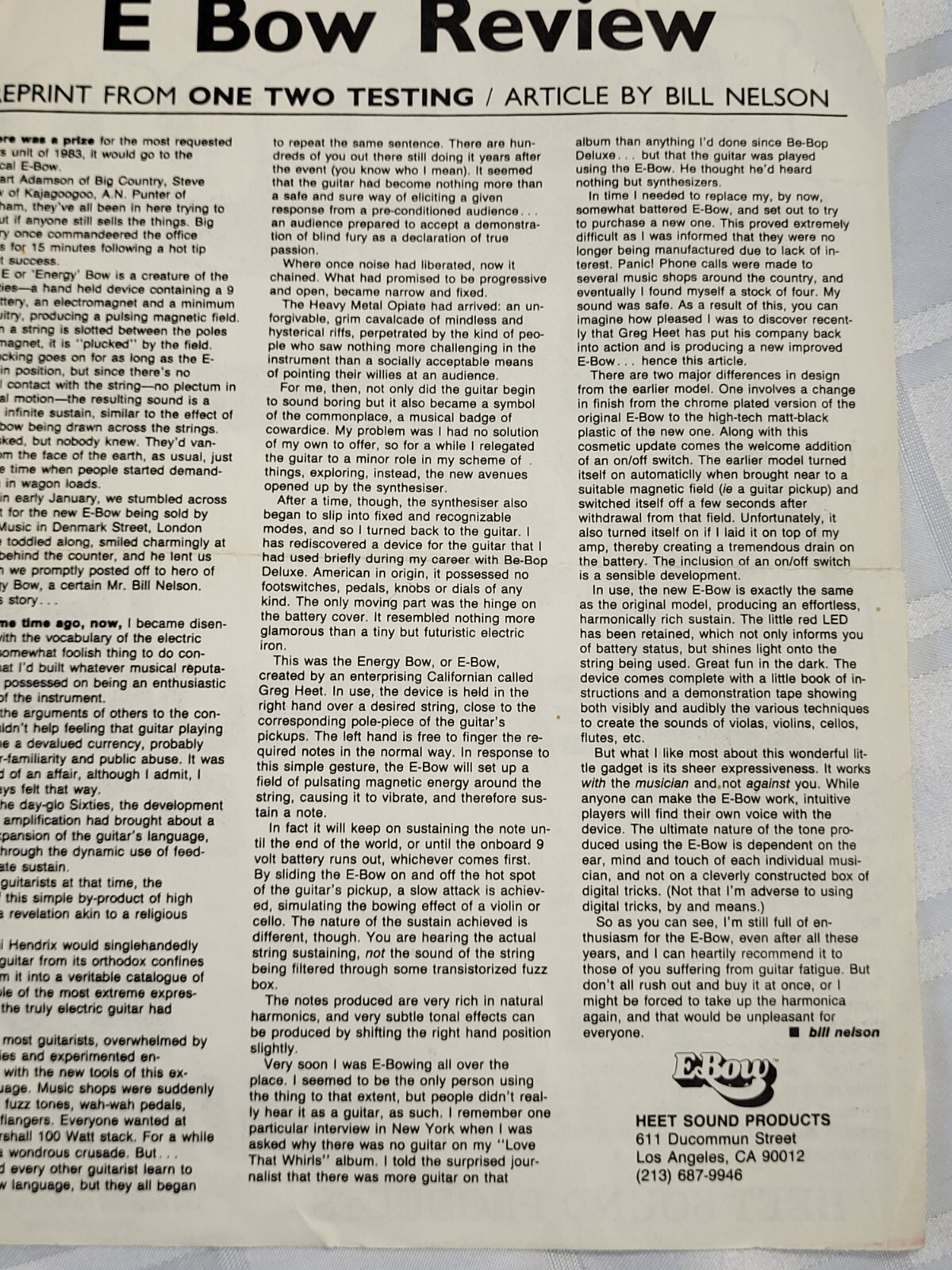 EBOW THE ELECTONIC BOW FOR GUITAR PAPER SHEET ADVERTISING JIMMY PAGE ...