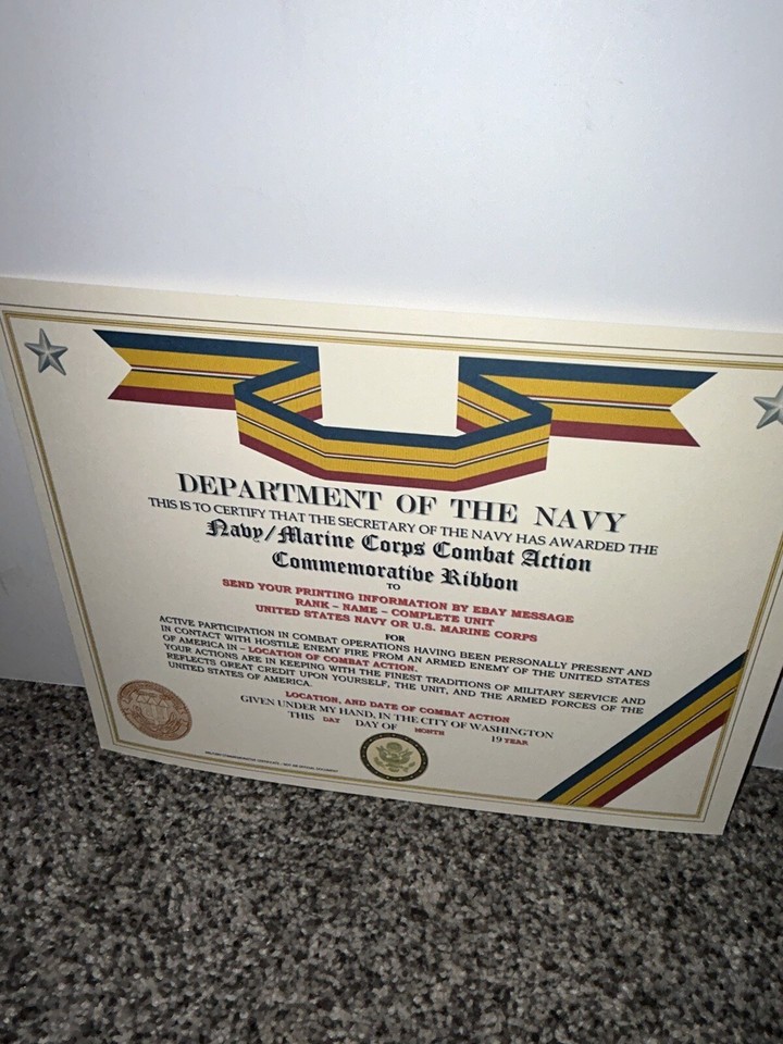 NAVY/USMC COMBAT ACTION RIBBON COMMEMORATIVE CERTIFICATE ~ TYPE-2 / W ...