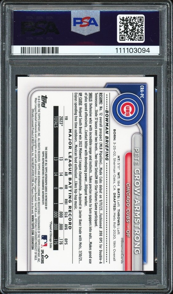 2024 Bowman Chrome Pete Crow-Armstrong RC Blue Refractor AUTO /150 PSA ...