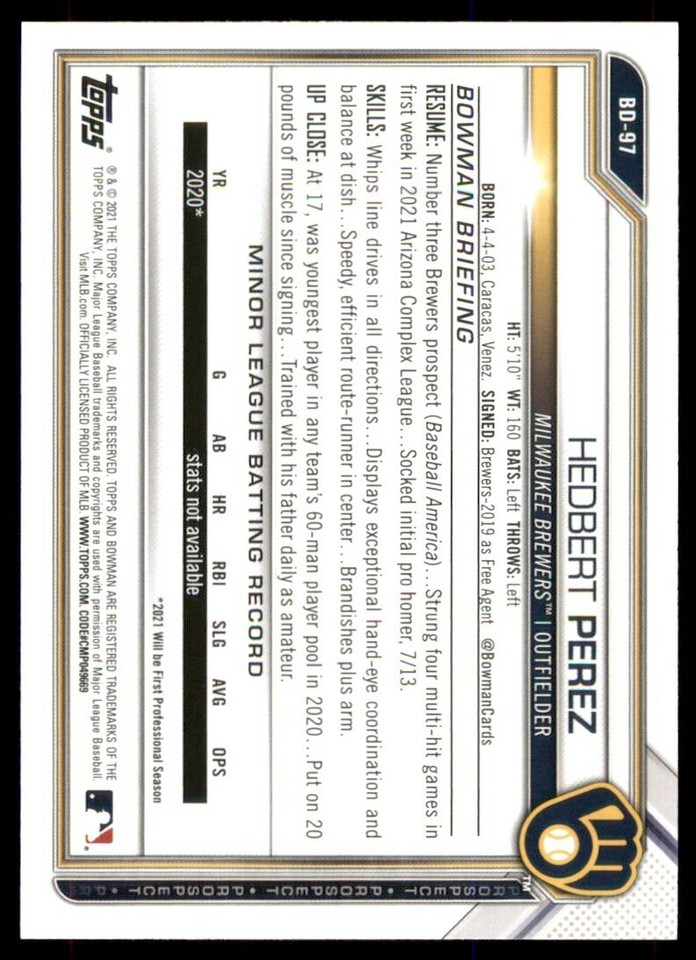 2021 Bowman Draft Base #BD-97 Hedbert Perez | eBay