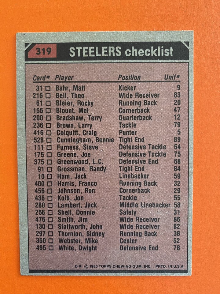 1980 Topps #319 Pittsburgh Steelers Checklist Football Card Team ...