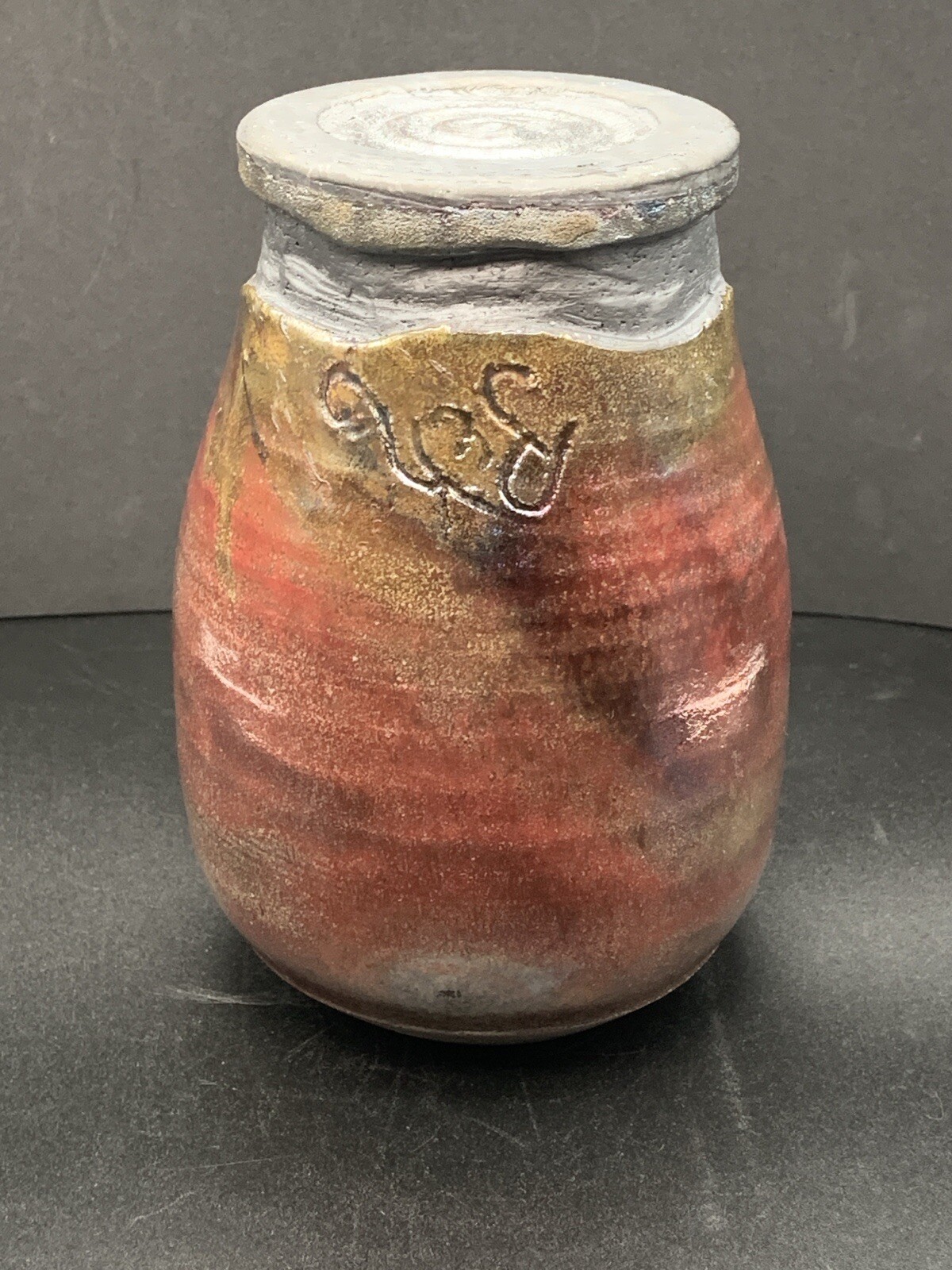 Raku pottery vase signed by artist JPEK or PJEK metallic glaze 6" art ...