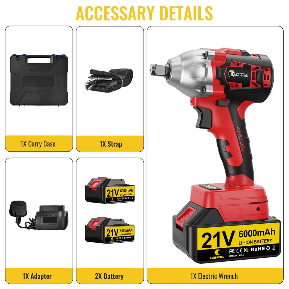 21V Cordless Impact Wrench 1/2"Driver Ratchet Rattle Nut Gun Set Red ...