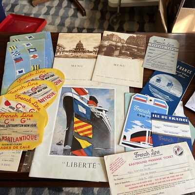 Lot 18 1952 French Line LIBERTE Passenger List Tags Menus Brochure Deck ...