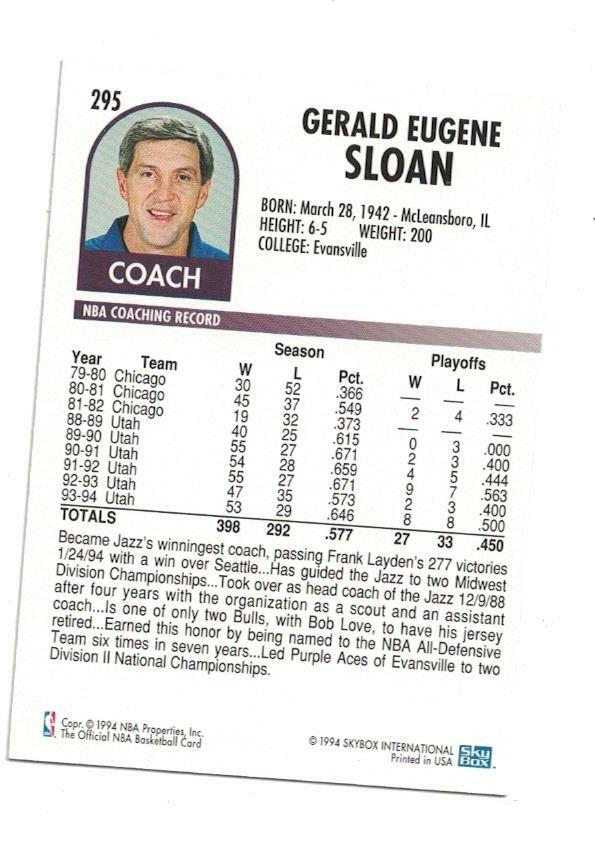 Jerry Sloan Signed Autographed 1994 1995 NBA Hoops Card Utah Jazz | eBay