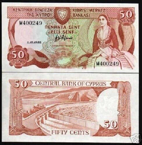Cyprus 50 SENT P-52 1988 Pre Euro UNC Cypriot DAM World Currency BANK ...