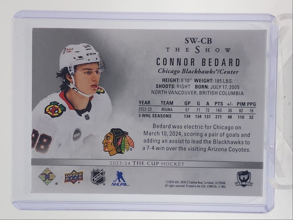 CONNOR BEDARD 2023 UPPER DECK THE CUP THE SHOW WHITE ROOKIE RC /99 ...