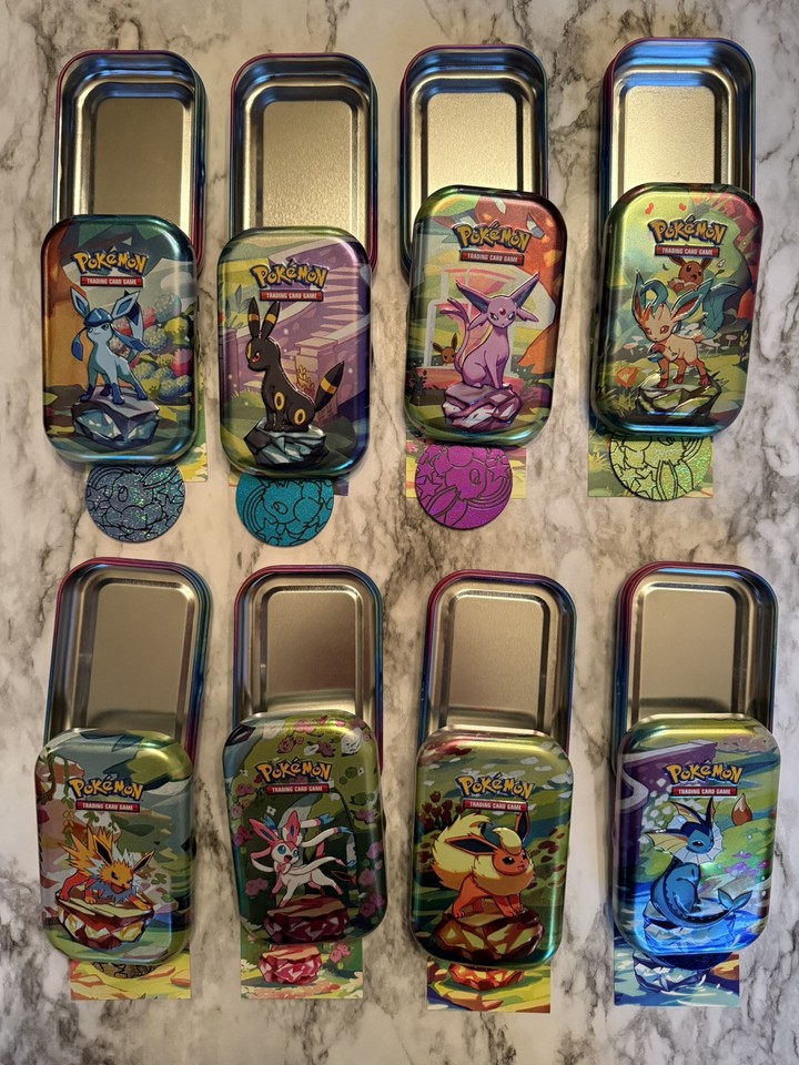 Prismatic Evolutions Empty Mini Tin Complete Set Of 8 Tin + Card + Coin ...