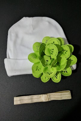 Baby girl beanie white hat green bow alligator clip headband 0-6months ...