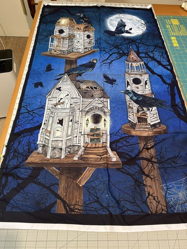 Raven Moon Panel Blue Black Gray Bird 24x44" quilt fabric by Kaufman ...