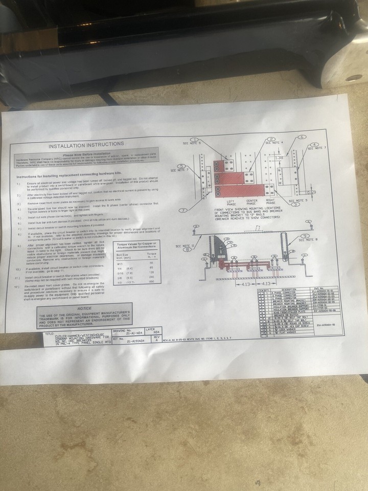 EATON CUTLER HAMMER KPRL4ND 800A 1200A Mounting Hardware Kit Copper ND ...