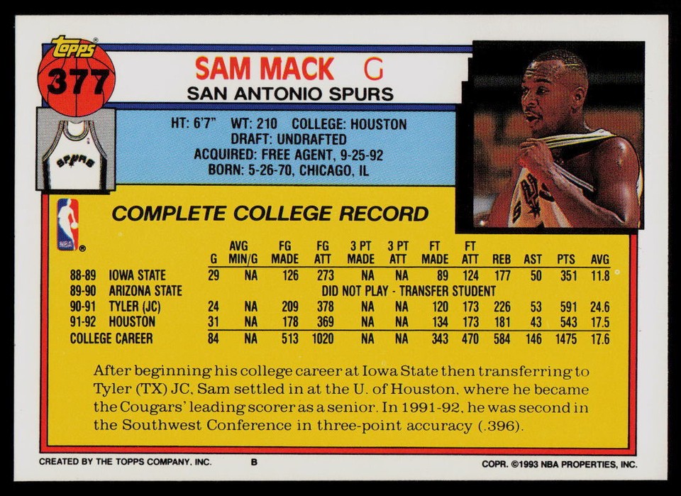 1992-93 Topps #377 Sam Mack RC San Antonio Spurs | eBay