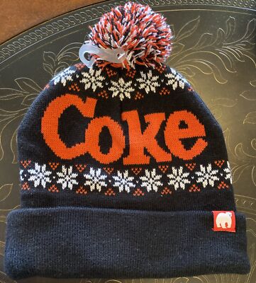 NEW Genuine Coca Cola Coke Logo Black Red Knit Pom Beanie Hat Cap Adult ...
