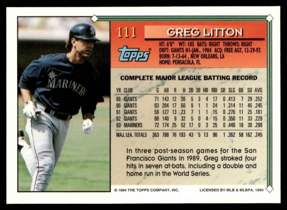 1994 Topps Greg Litton Seattle Mariners #111 21597 | eBay